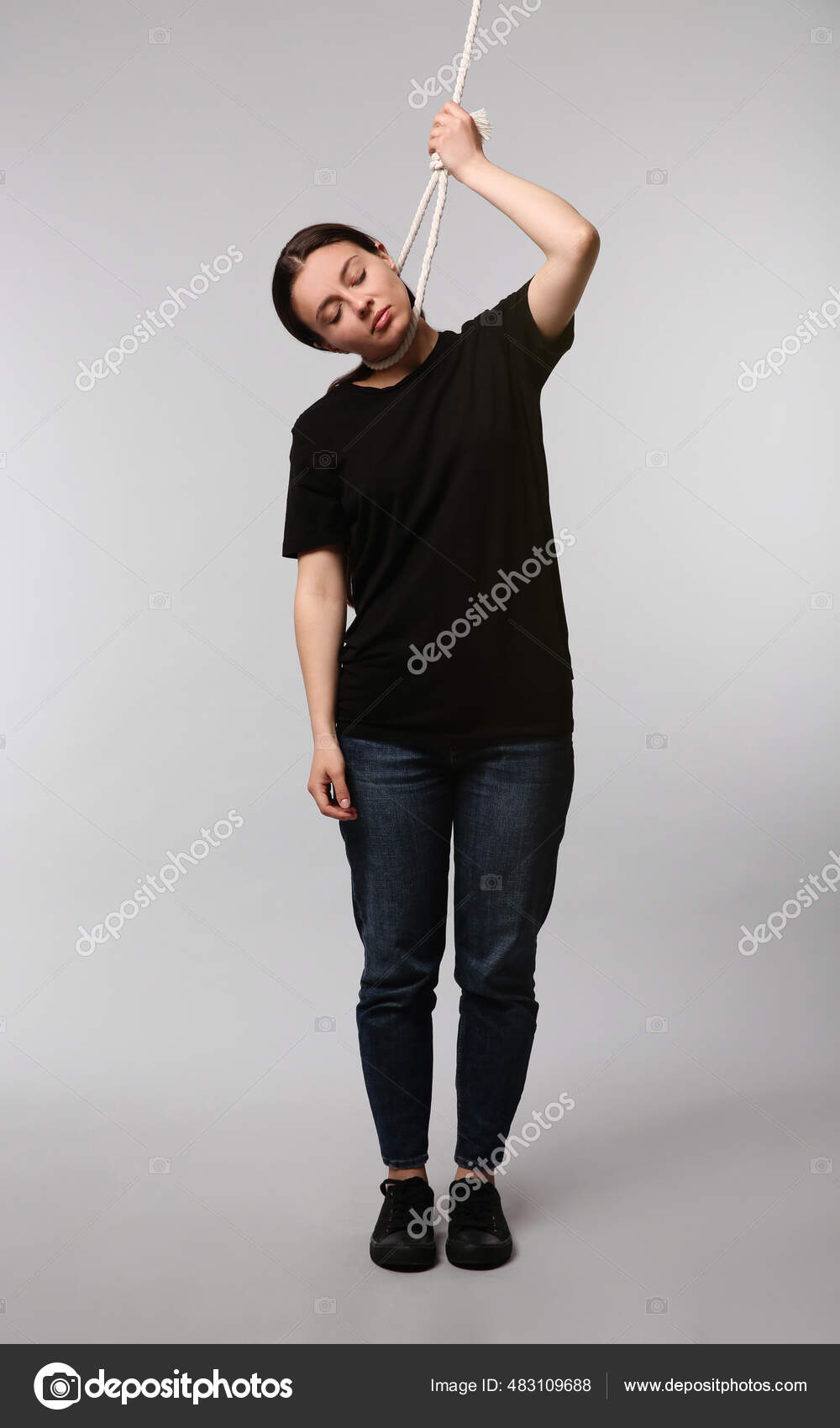 Depressed Woman Rope Noose Neck Light Grey Background Stock Photo by ...