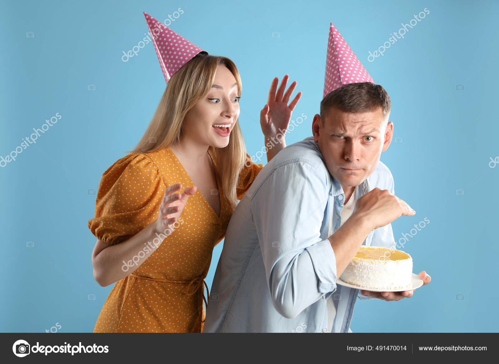 Greedy Man Hiding Birthday Cake Woman Turquoise Background Stock Photo ...