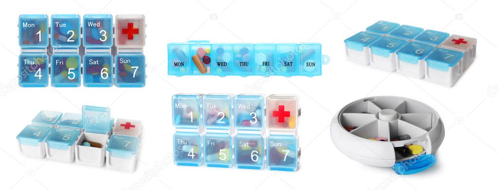 Set con cajas de plástico para pastillas sobre fondo blanco. Diseño de ...