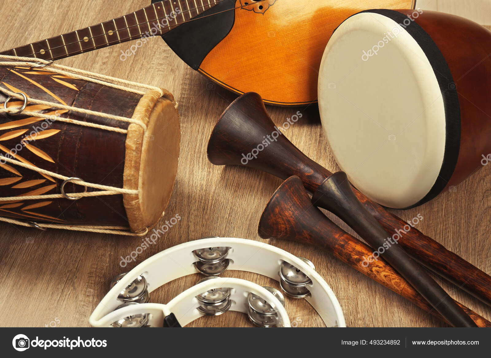 Set Different Vintage Musical Instruments Wooden Background Closeup ...