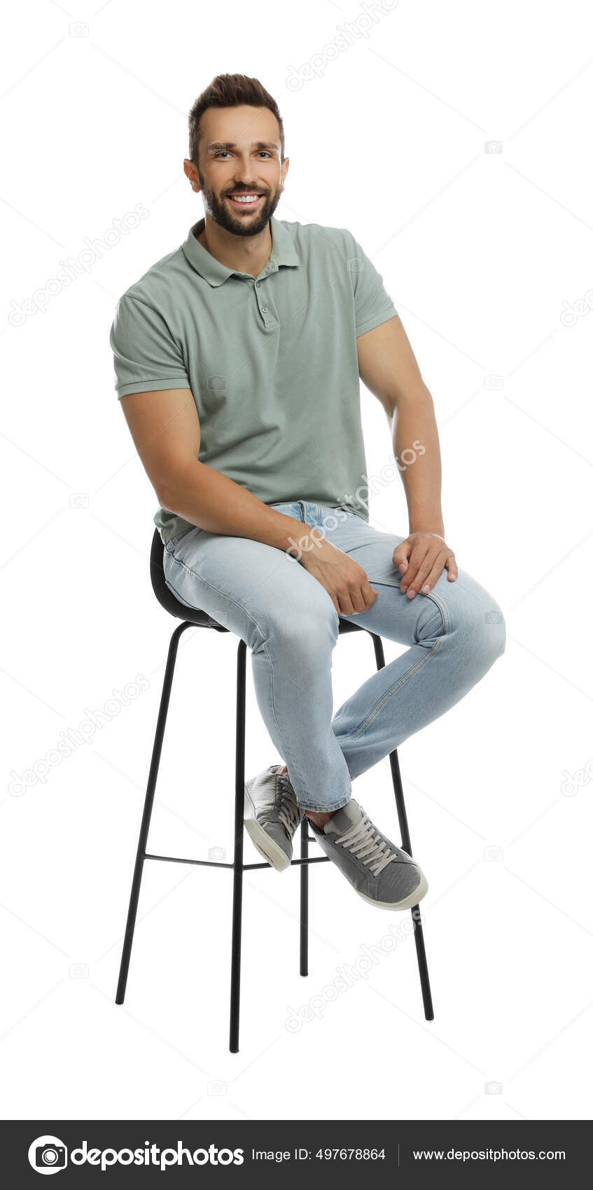 Handsome Man Sitting Stool White Background — Stock Photo © NewAfrica ...