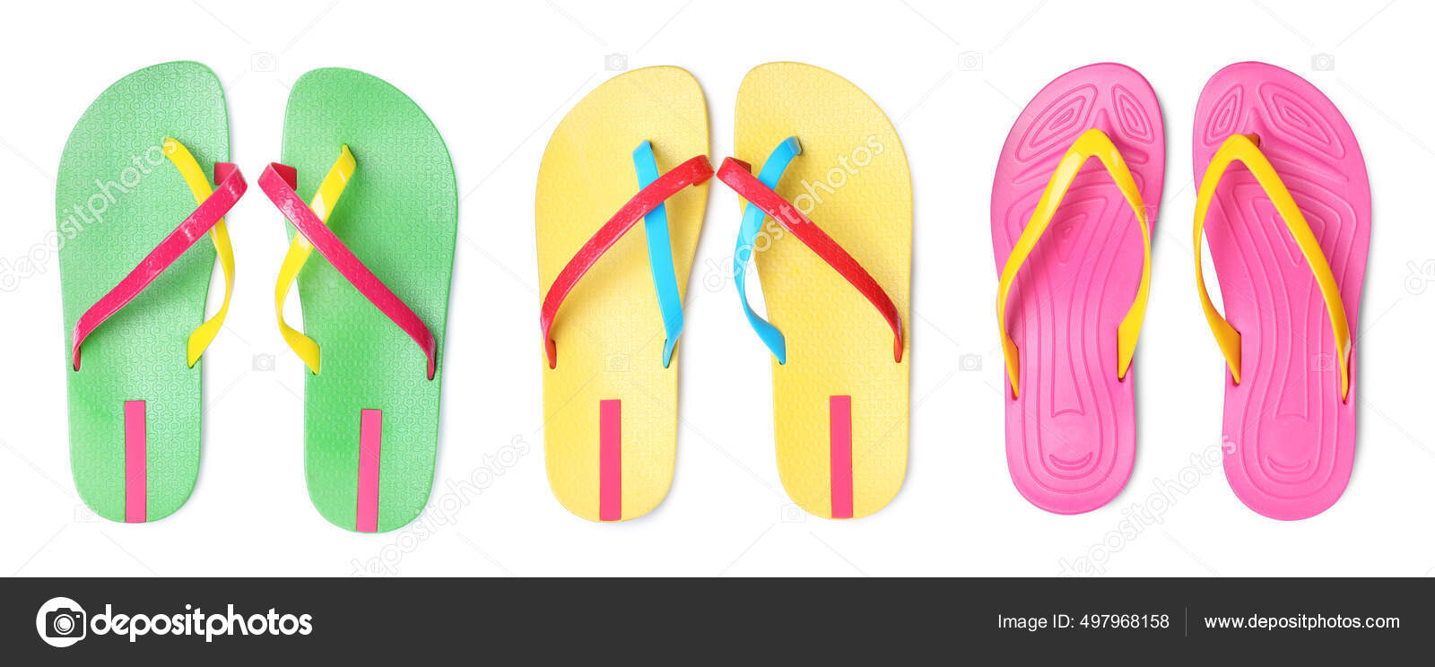 Set Different Colorful Flip Flops White Background Top View Banner ...