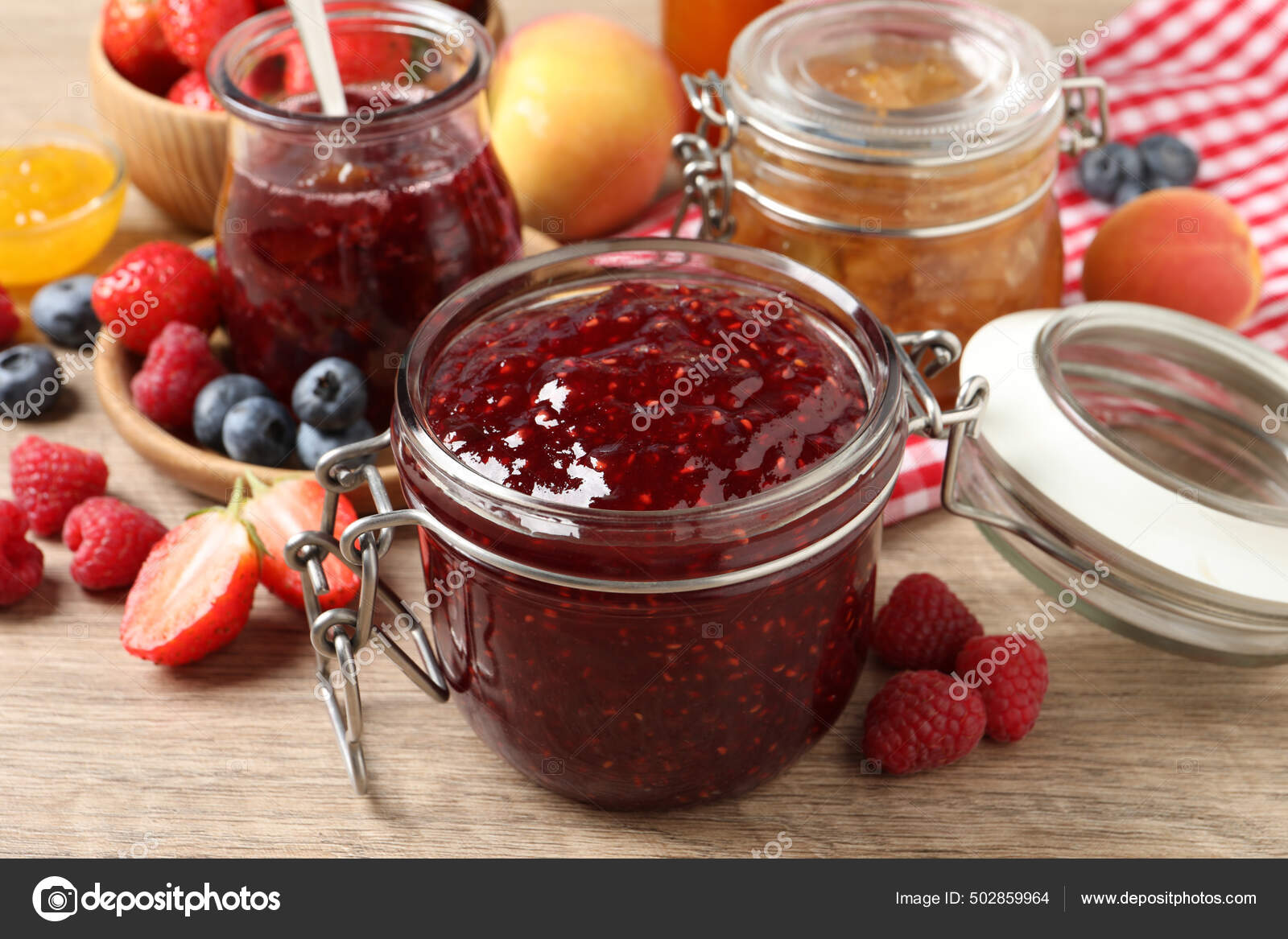 Jars Different Jams Fresh Fruits Wooden Table Closeup Stock Photo by ...