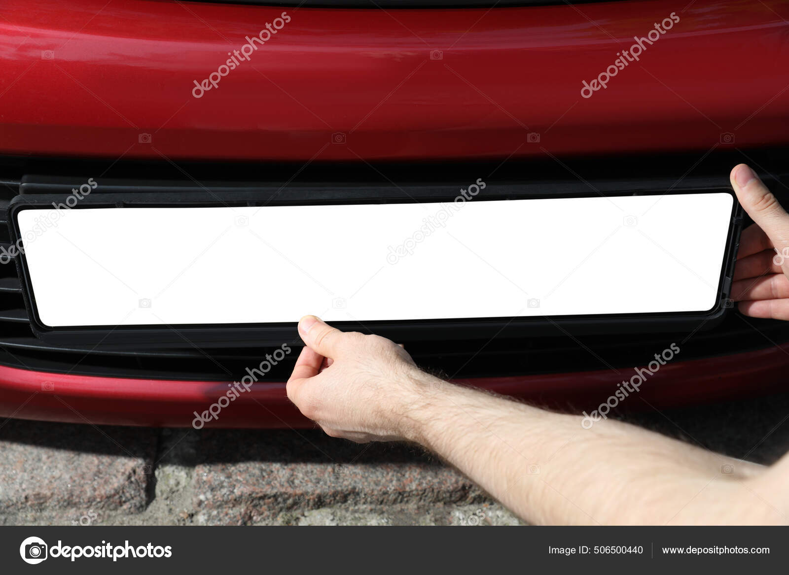 Man Installing Vehicle Registration Plate Outdoors Closeup Mockup ...