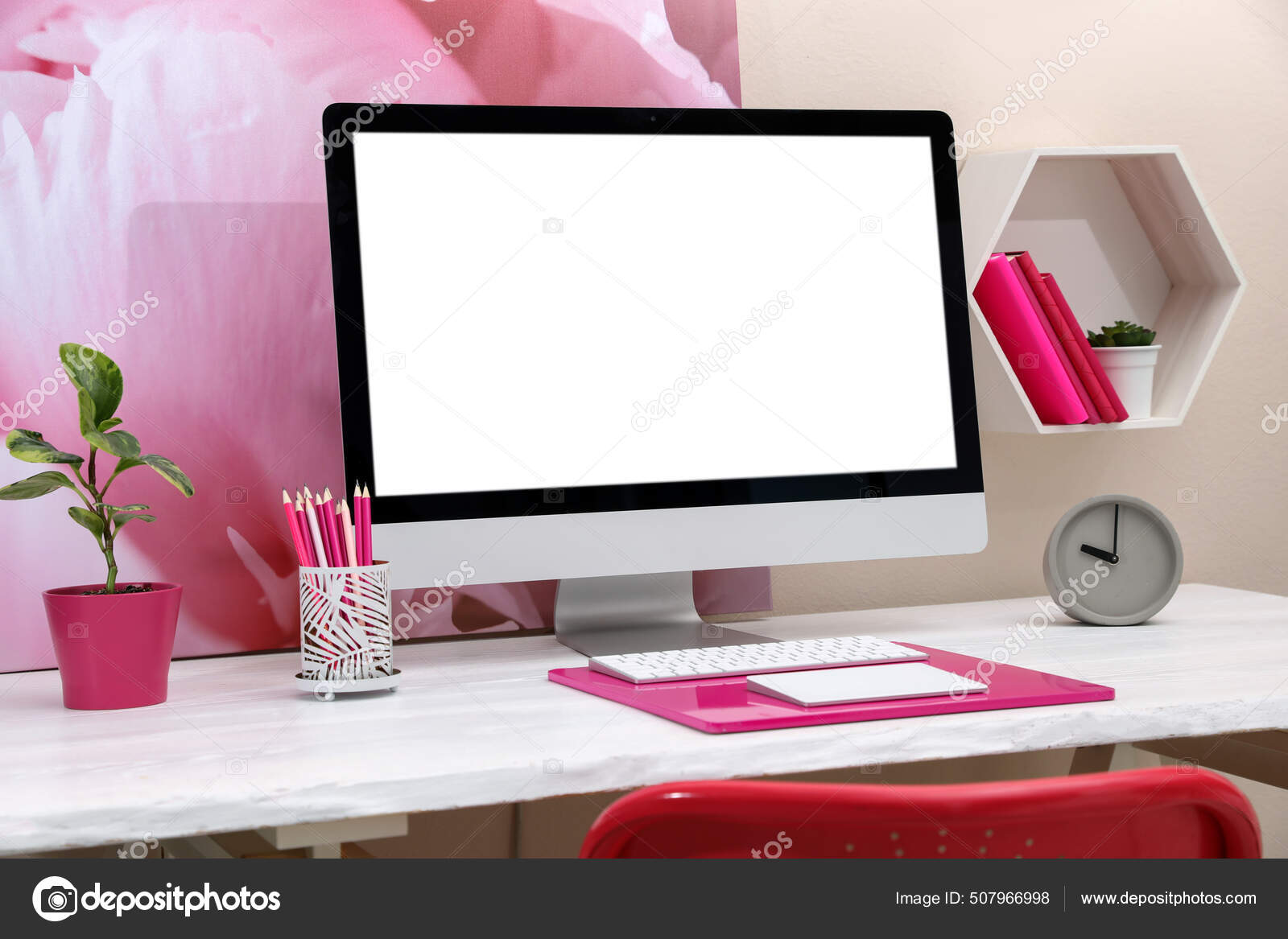 Stylish Workplace Modern Computer Pink Elements Indoors Space Text ...