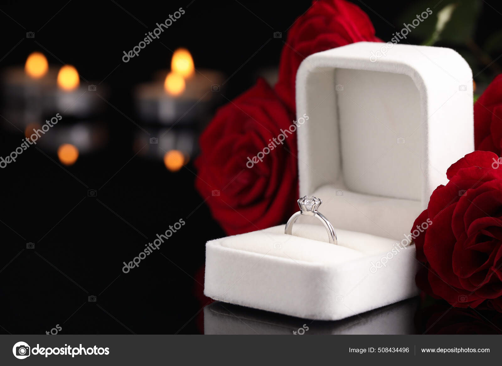 Beautiful Engagement Ring Gemstone Box Roses Black Background Space ...