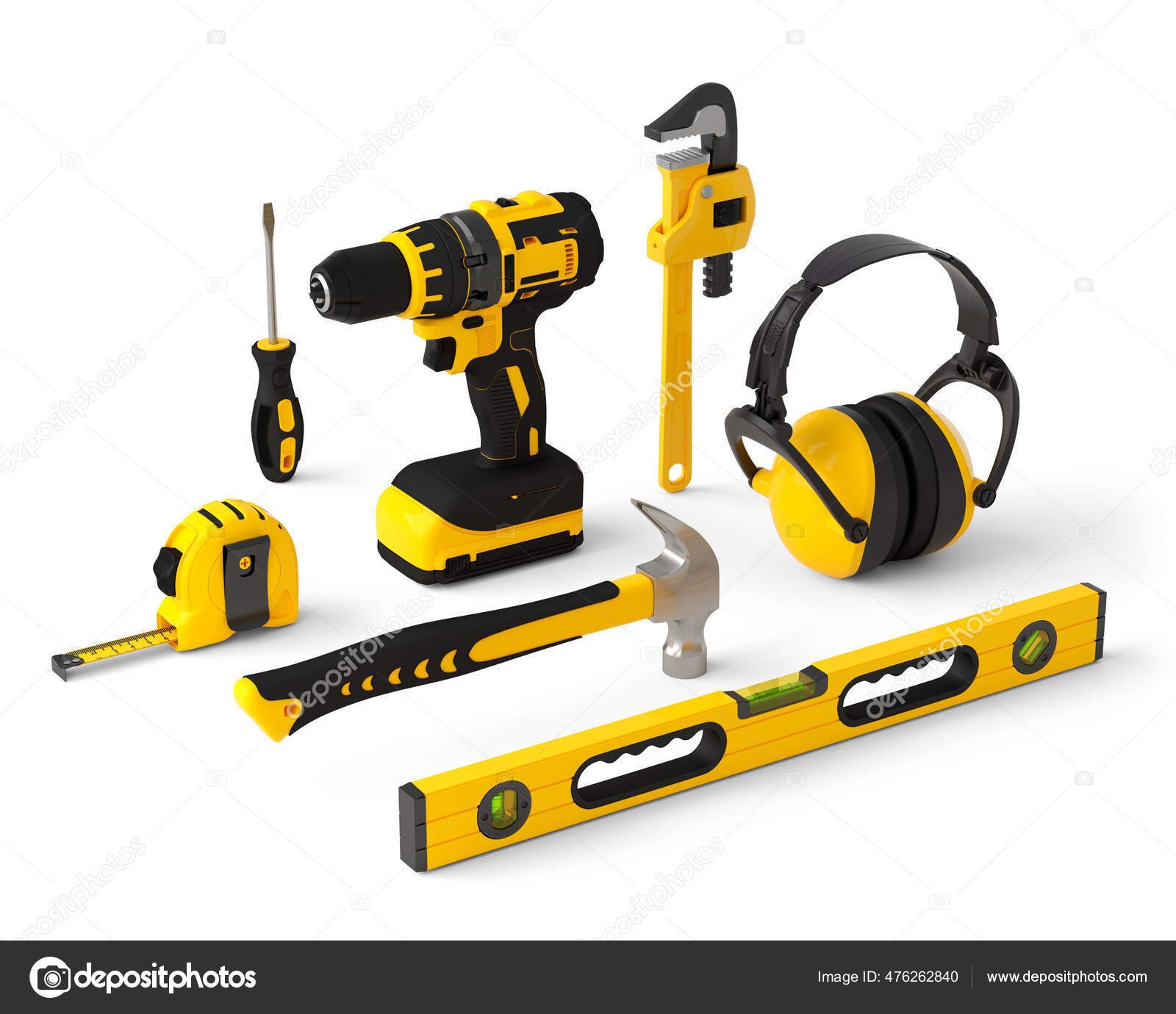 Isometric view of yellow construction tools for repair on white Stock ...