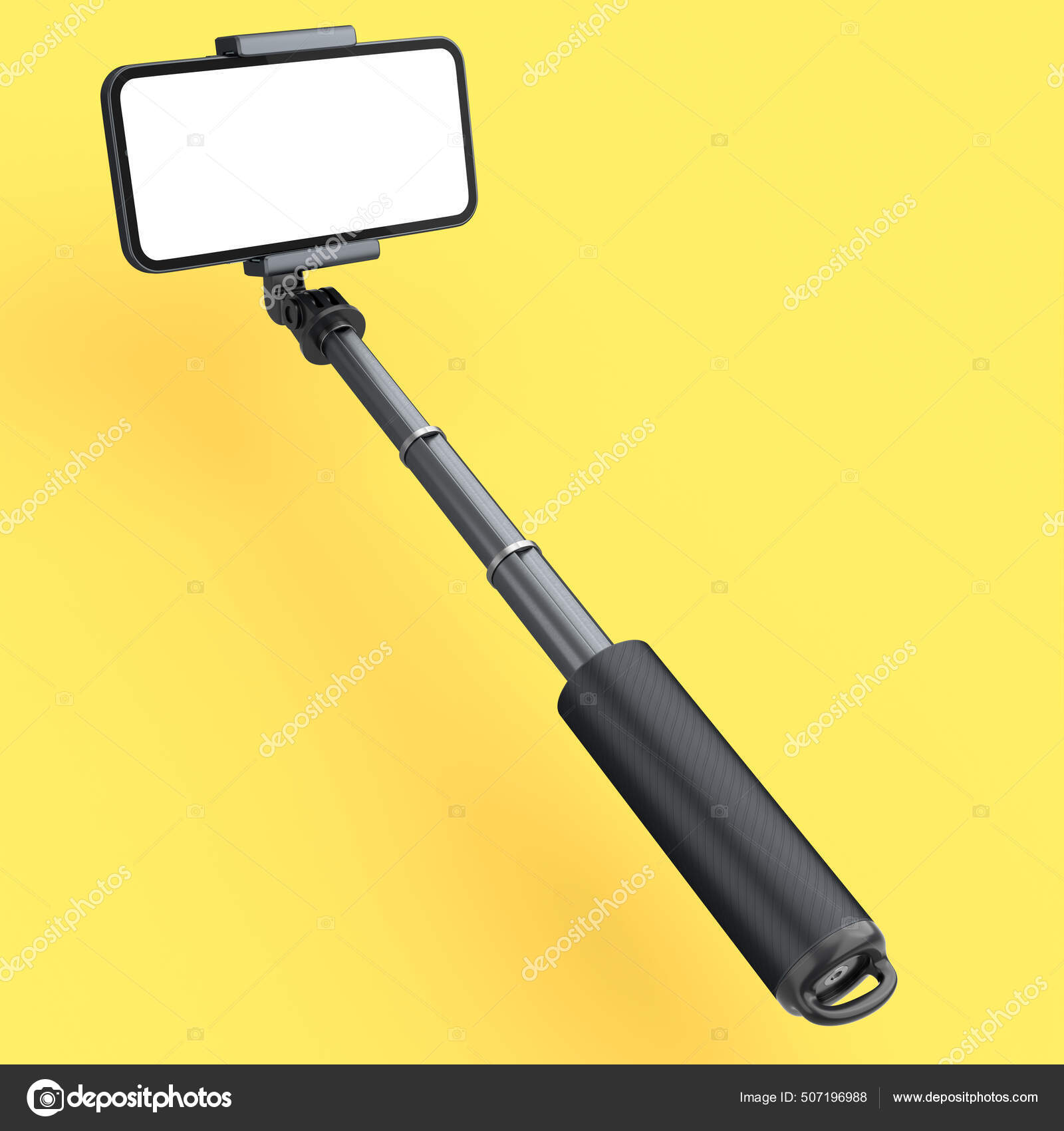 Realistic Smartphone Blank White Screen Selfie Stick Isolated Yellow ...