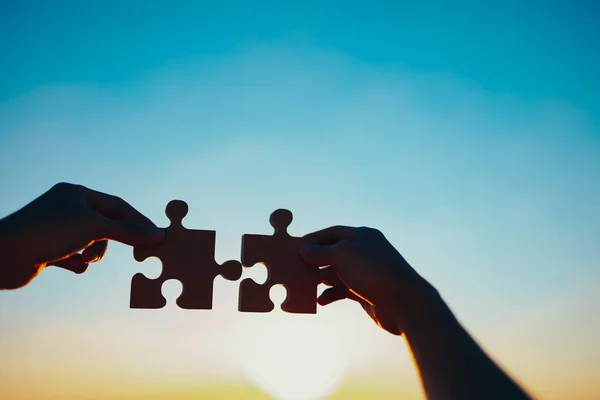 Two Hands Businessman Join Jigsaw Puzzle Piece Sky Background Business ...
