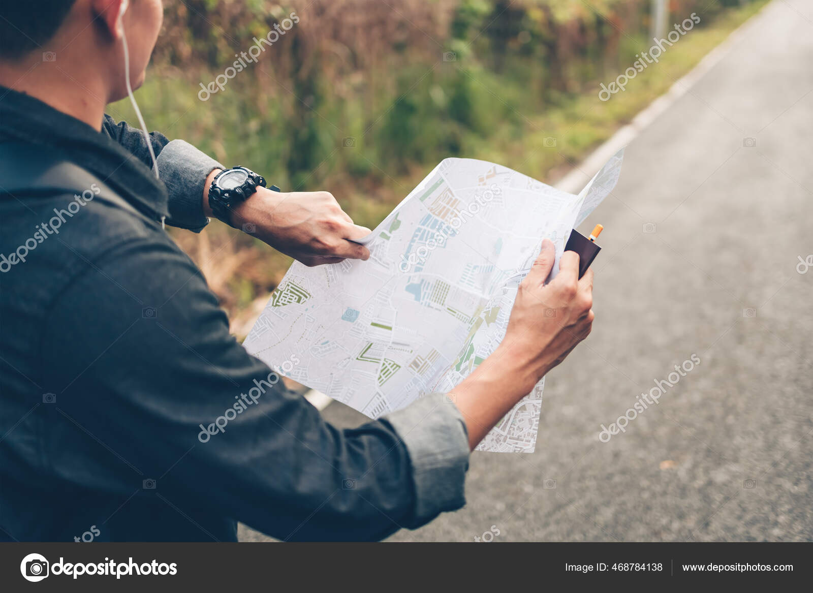 Man Backpack Hold Map Checking Time Bus Walking Road Forest — Stock ...