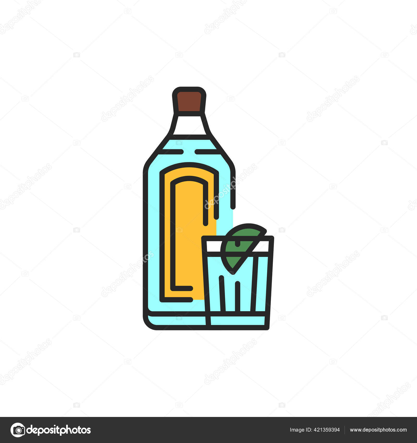 Gin Bottle Glass Color Line Icon Alcoholic Beverages Pictogram Web ...
