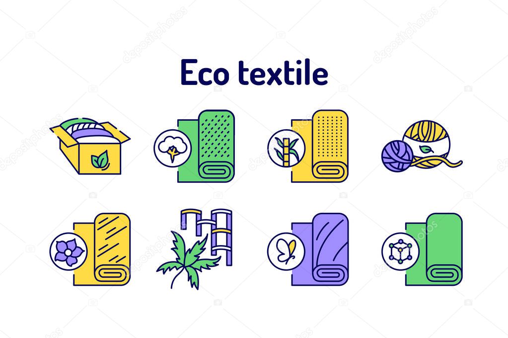 Conjunto de iconos de línea de color textil Eco. Ropa y otros ...