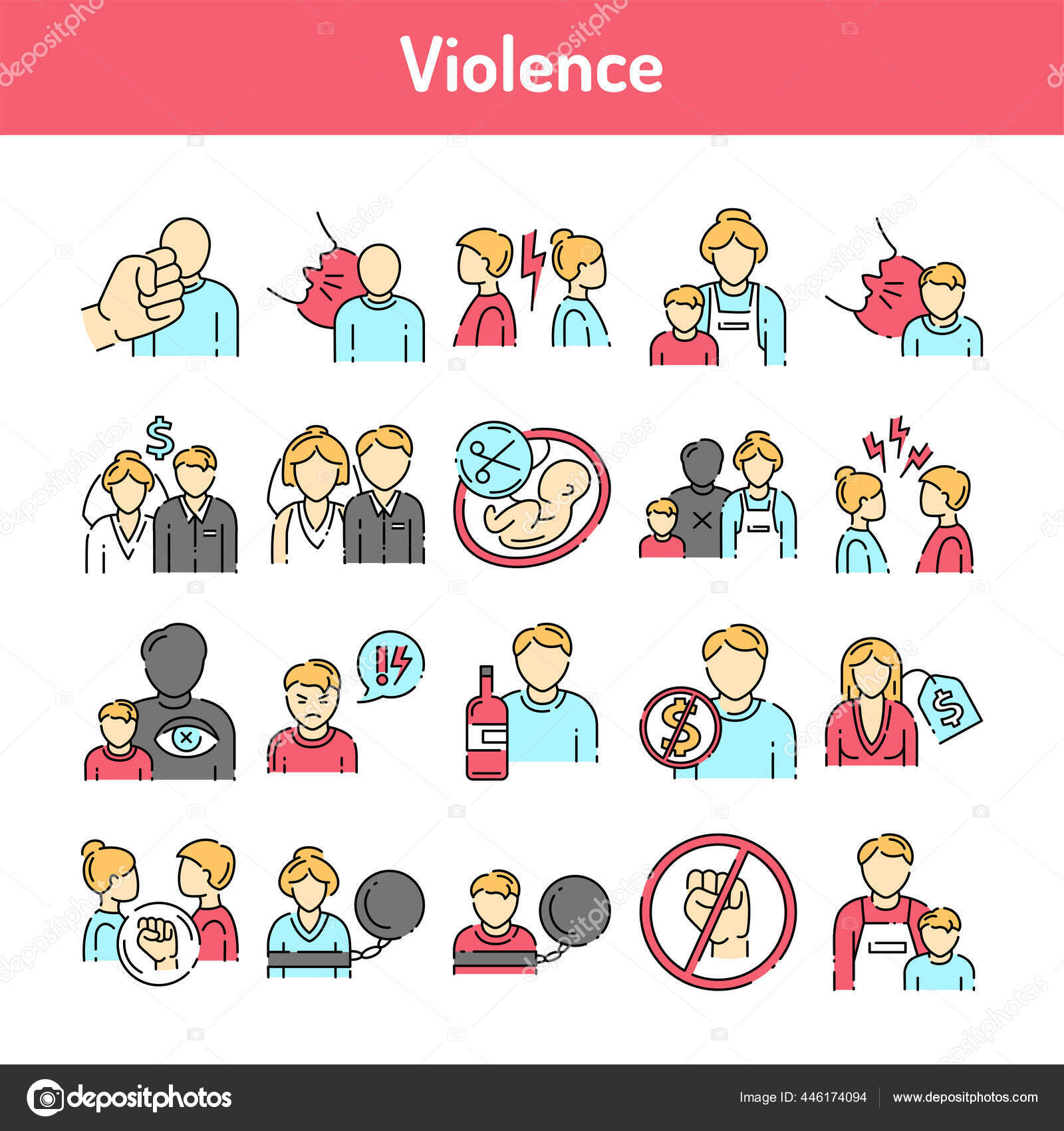 Conjunto Iconos Línea Color Violencia Acoso Abuso Familiar Intimidación Pictogramas Vector de ...