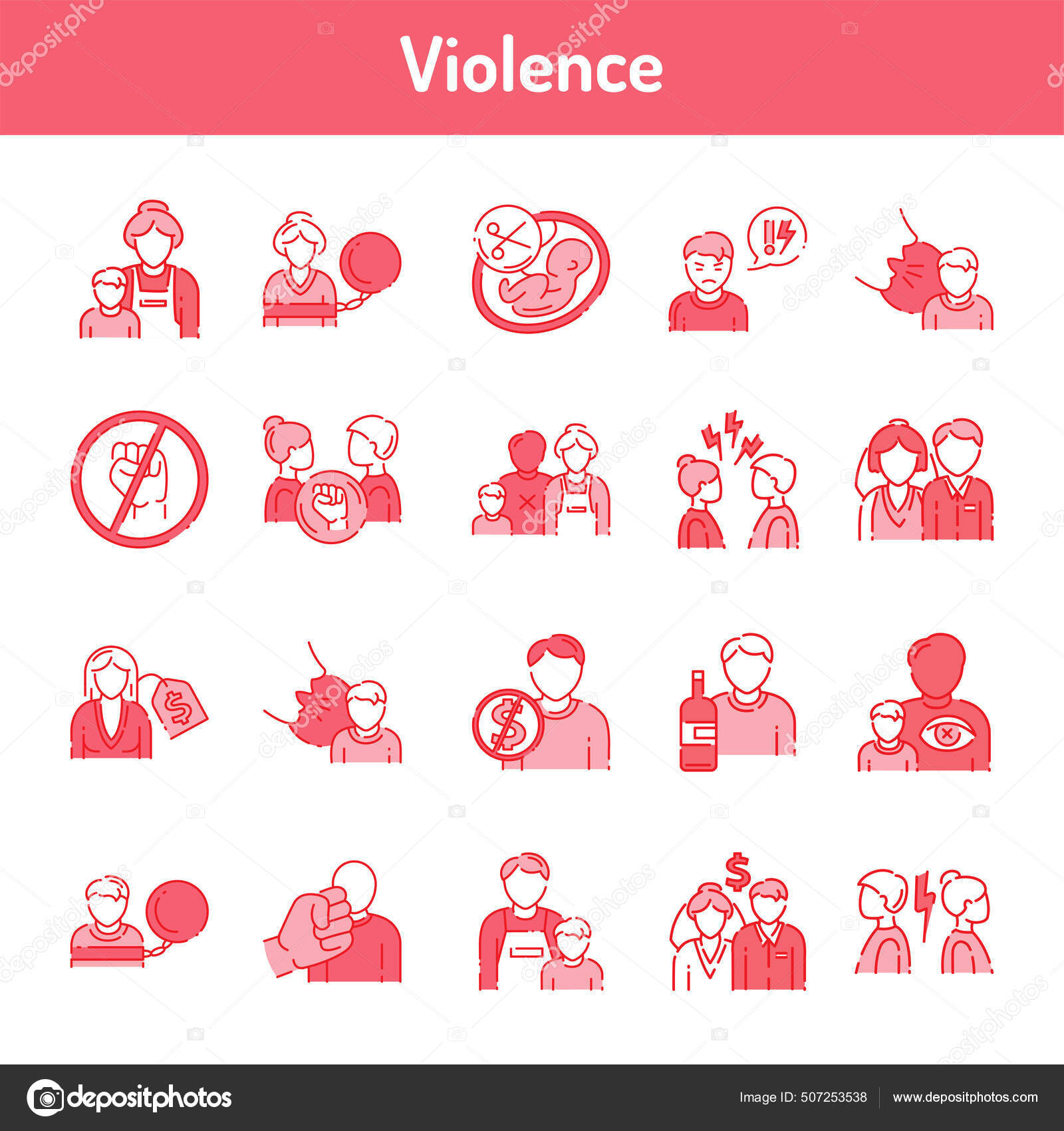 Violence Color Line Icons Set Harassment Family Abuse Bullying ...