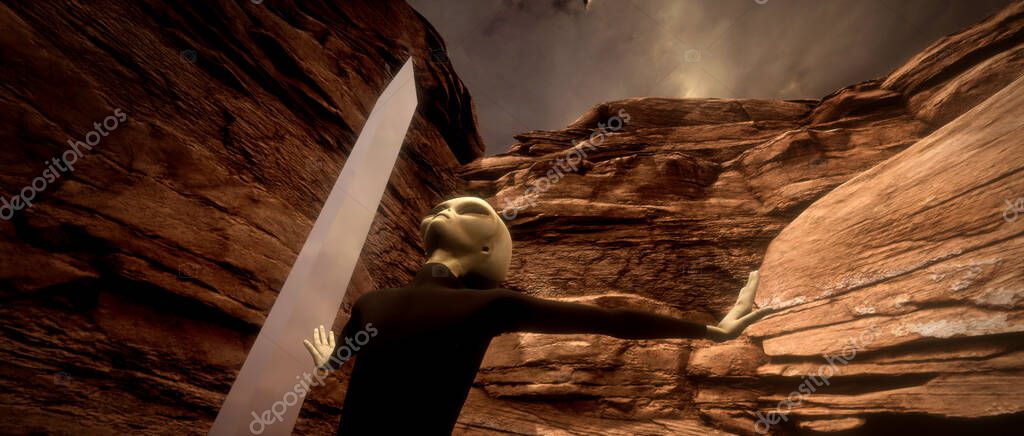Alien Monolith Metal Object with Grey Alien in the desert. Imagen 3D de ...