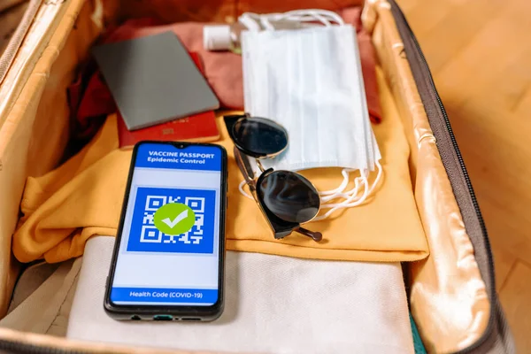 New Normal Concept Woman Hold Passport Protective Masks Smartphone ...