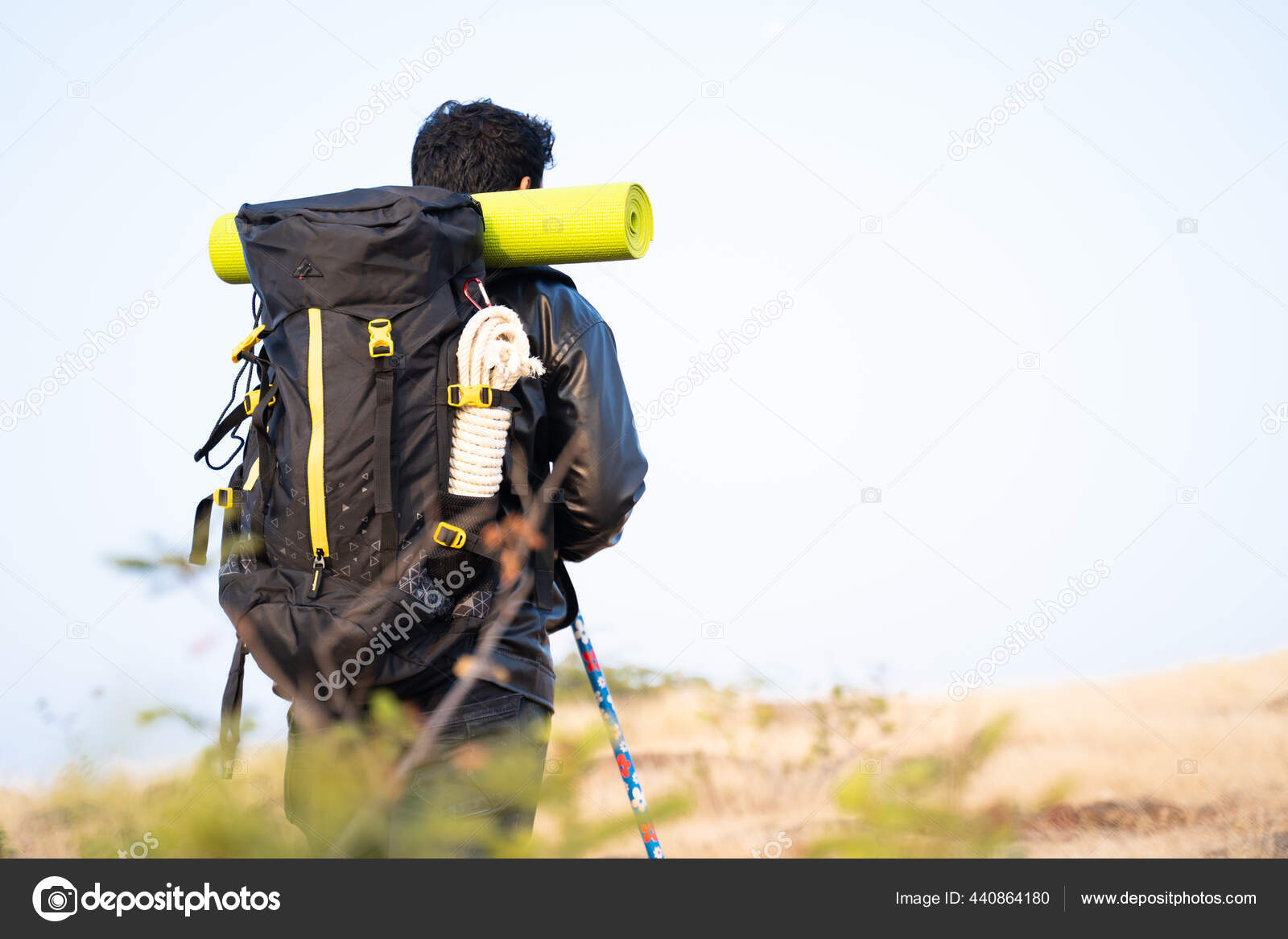 Back View Traveler Hiker Climbing Hill Backpack Holding Stick Support ...