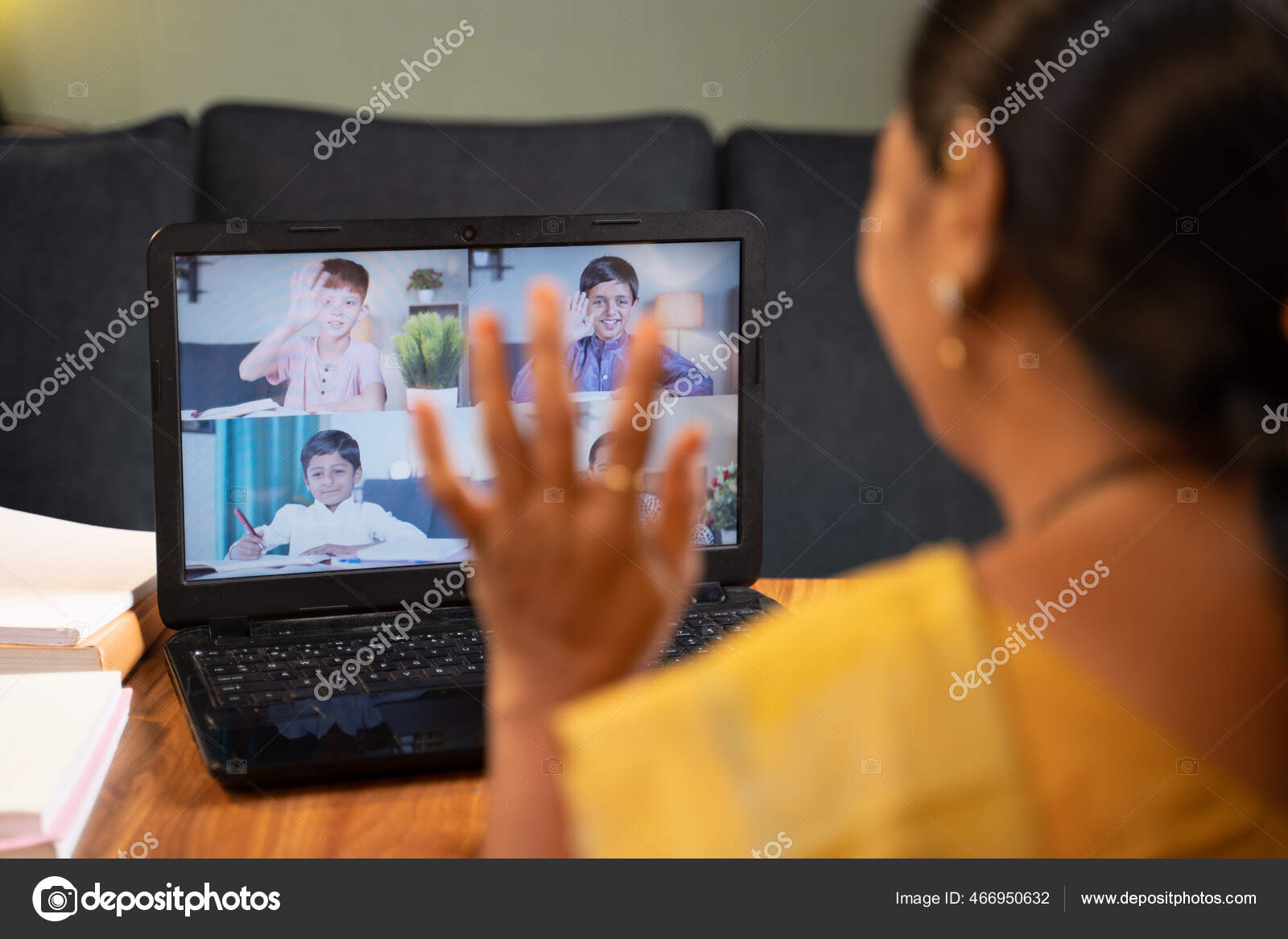 Shoulder Shot Teacher Tutor Greeting Her Students Online Class Concep ...