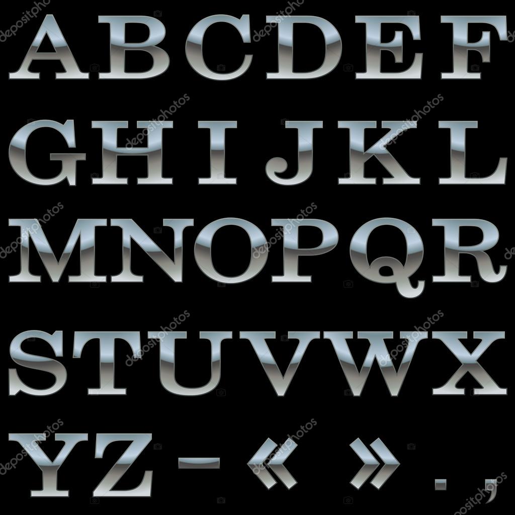 Plantilla vectorial de alfabeto de acero aislada sobre fondo negro. 2023