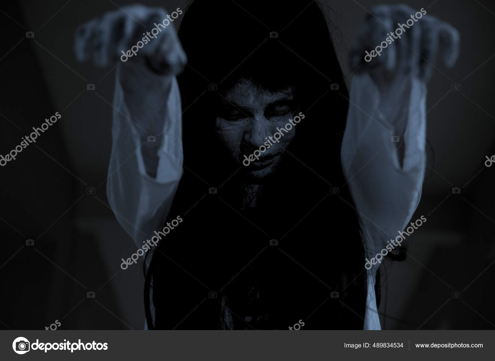 Horror Woman Ghost Creepy Stand Lift Hands House Halloween Day — Stock ...