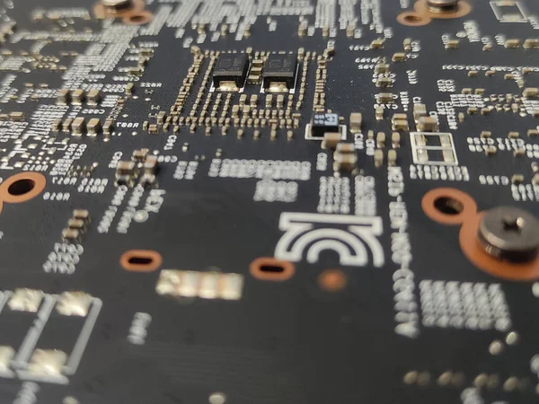 Computer engineering microchip blurred background. Microelectronic high ...