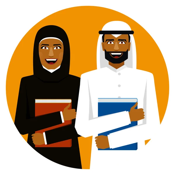 Smiling arab students. Woman and man with books. — Stock Vector ...