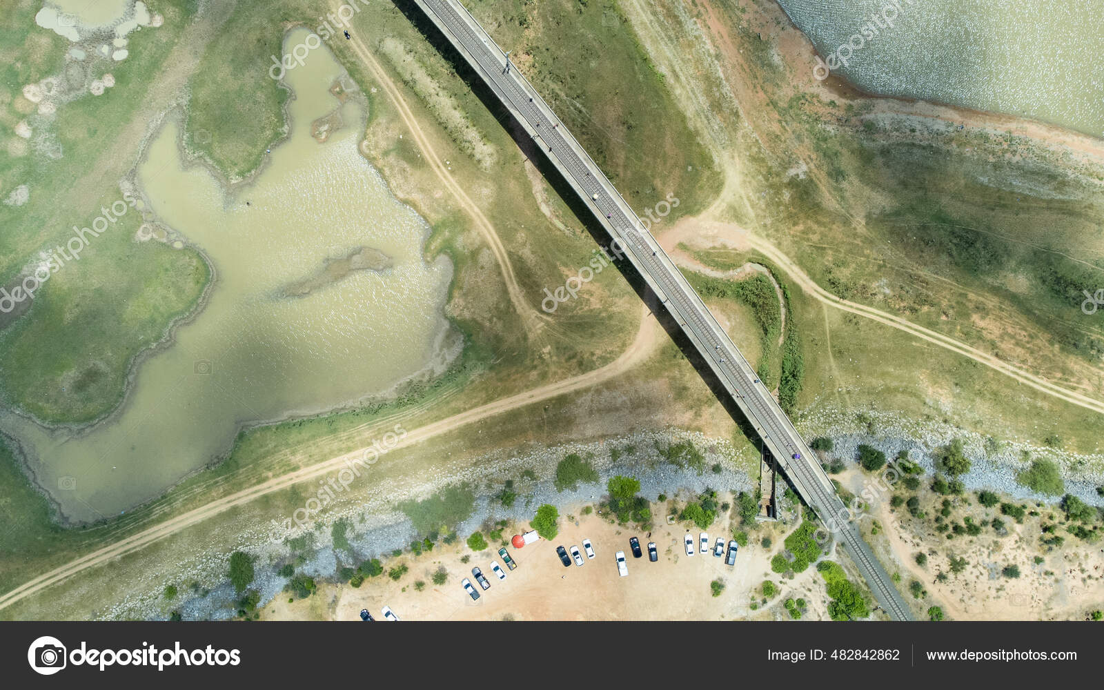 Aerial Unseen View Railroad Tracks Floating Train Bridge White Car ...