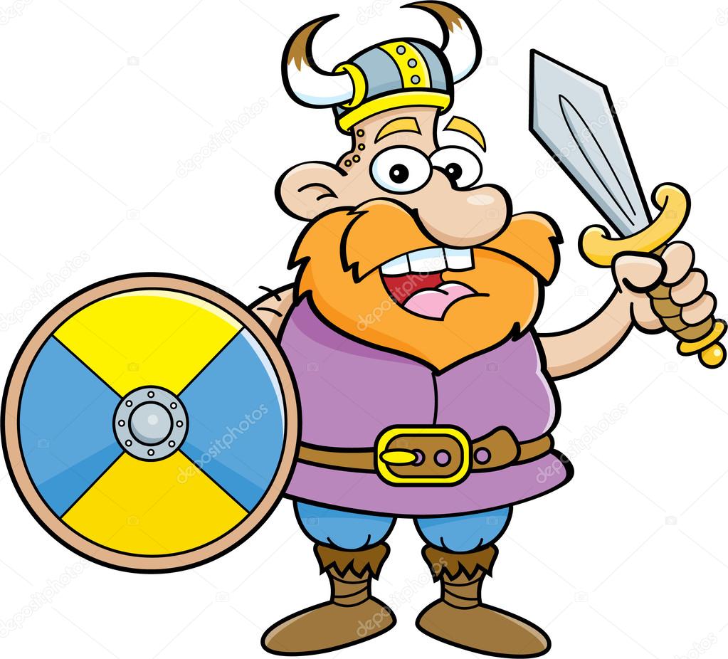 Vikingo de dibujos animados sosteniendo un escudo y una espada 2024