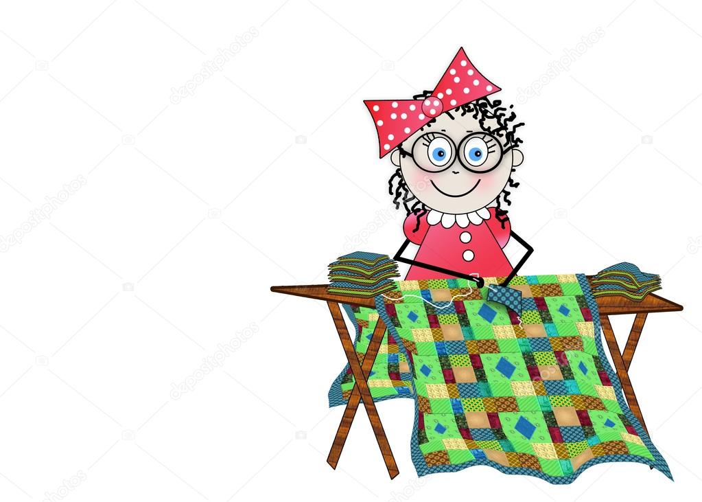 Cartoon Woman Making A Quilt
