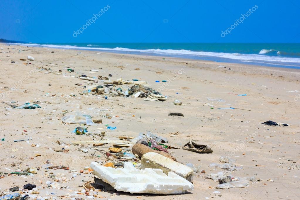 Pollution on the beach of tropical sea. Outdoors. Stock Photo by ...