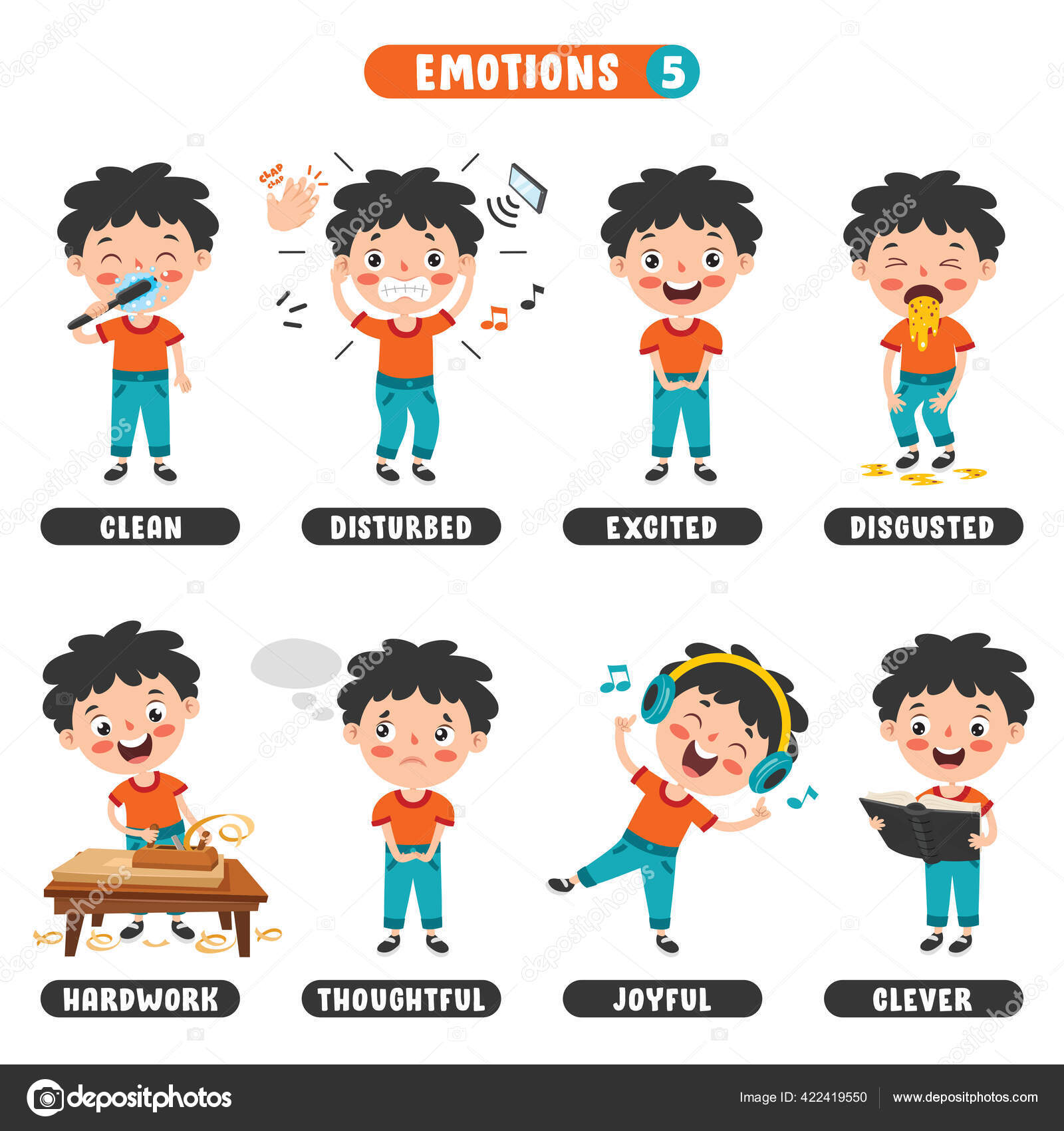 Pequeño Niño Con Diferentes Emociones Vector de stock #422419550 de ...