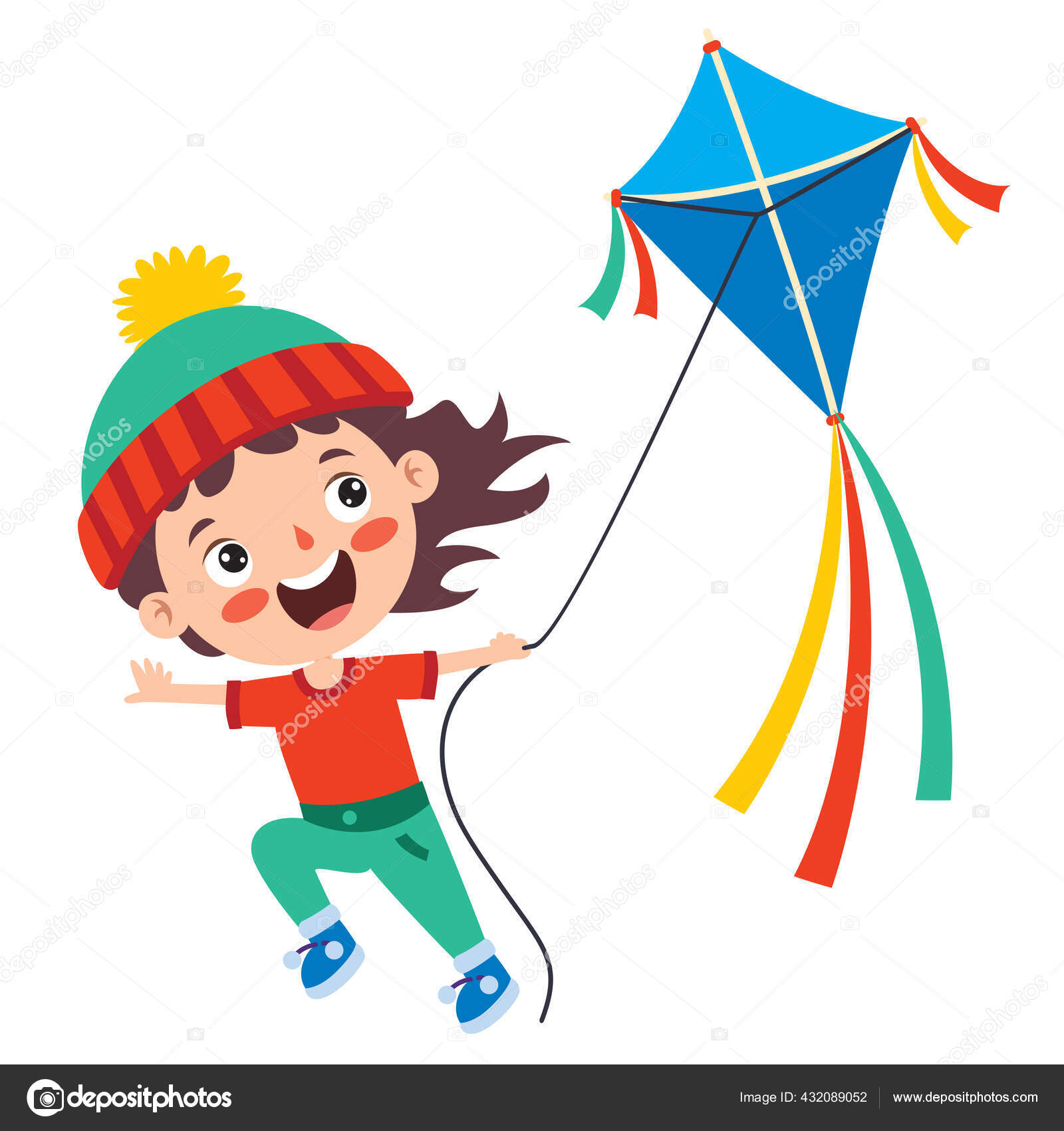 Anak Bermain Dengan Layang Layang Berwarna Vektor Stok oleh ...
