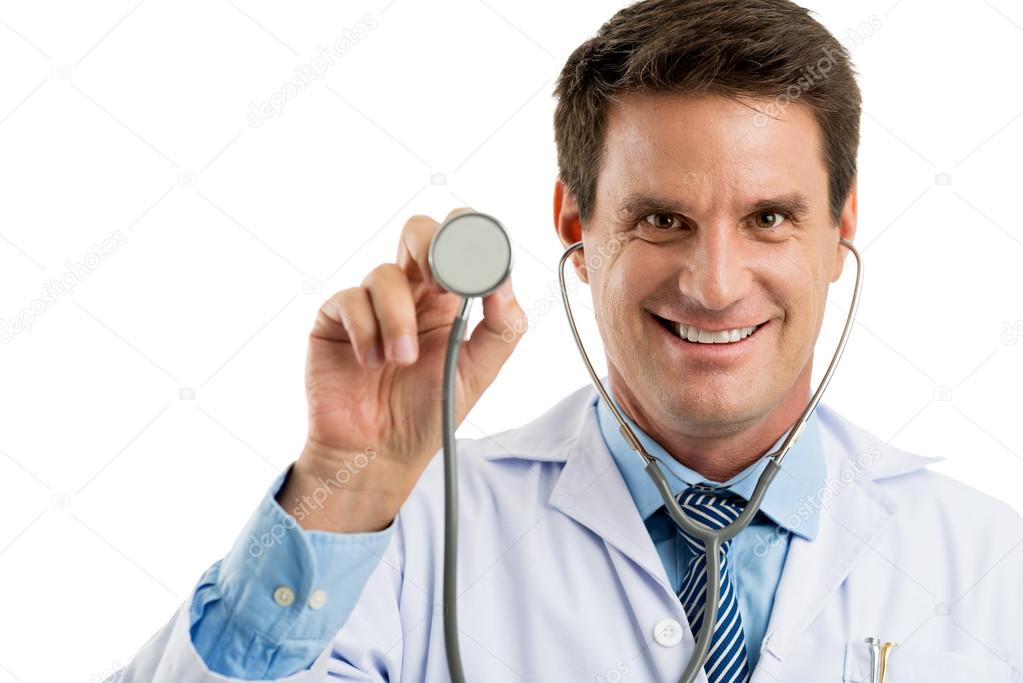 Smiling cardiologist with stethoscope — Stock Photo © DragonImages ...