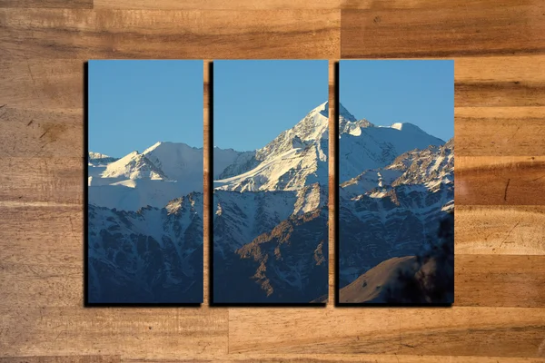 Landscape photo collage frame on wooden background — Stock Photo ...