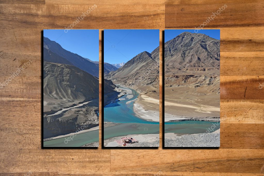 Landscape photo collage frame on wooden background — Stock Photo ...