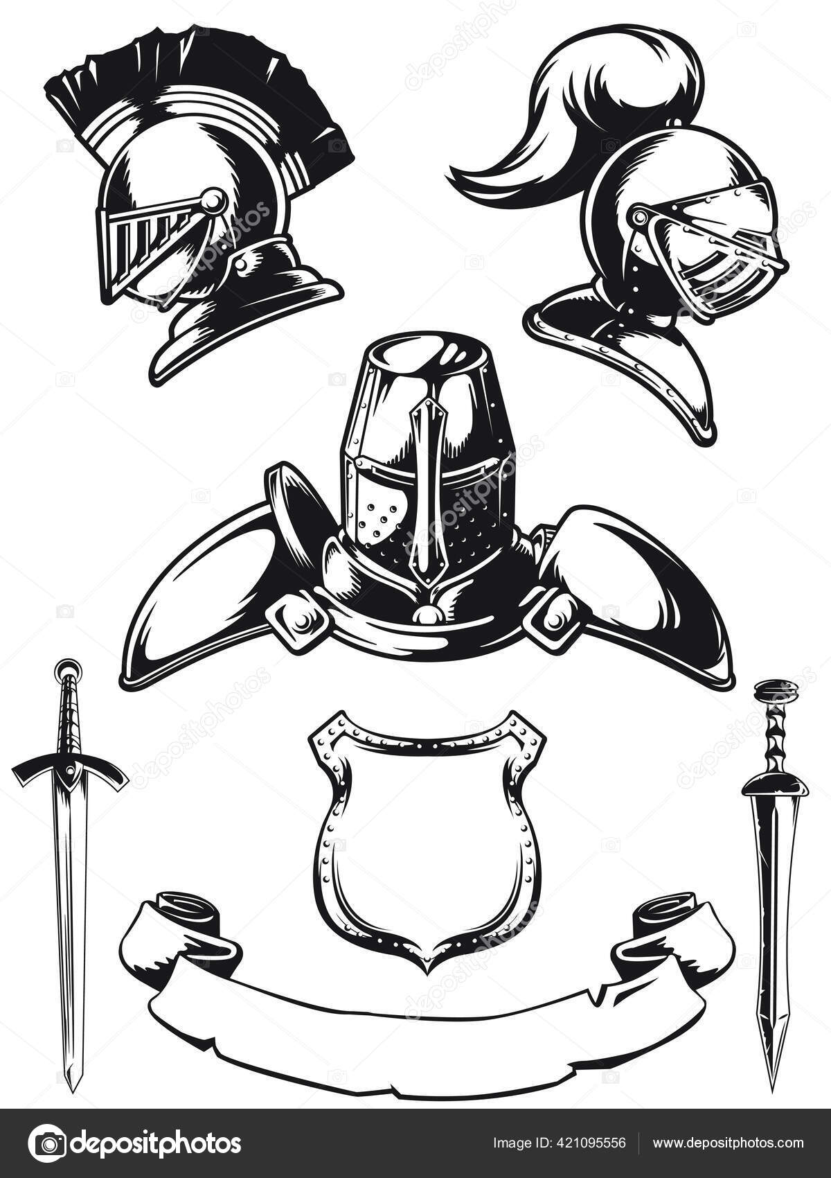 Silhouette Mittelalterlichen Ritterhelm Gravur Illustration Umriss ...