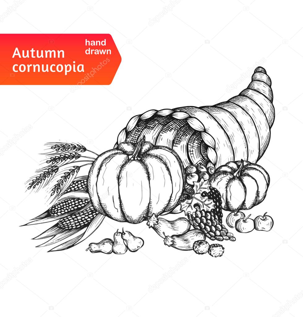 Cornucopia. Horn of plenty with autumn harvest symbols Stock Vector ...