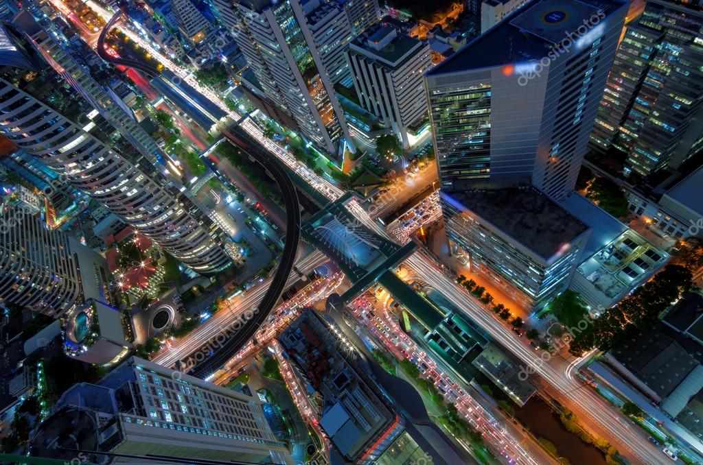 Birds eye view of a modern buildings at nigh — Stock Photo © nirutdps ...