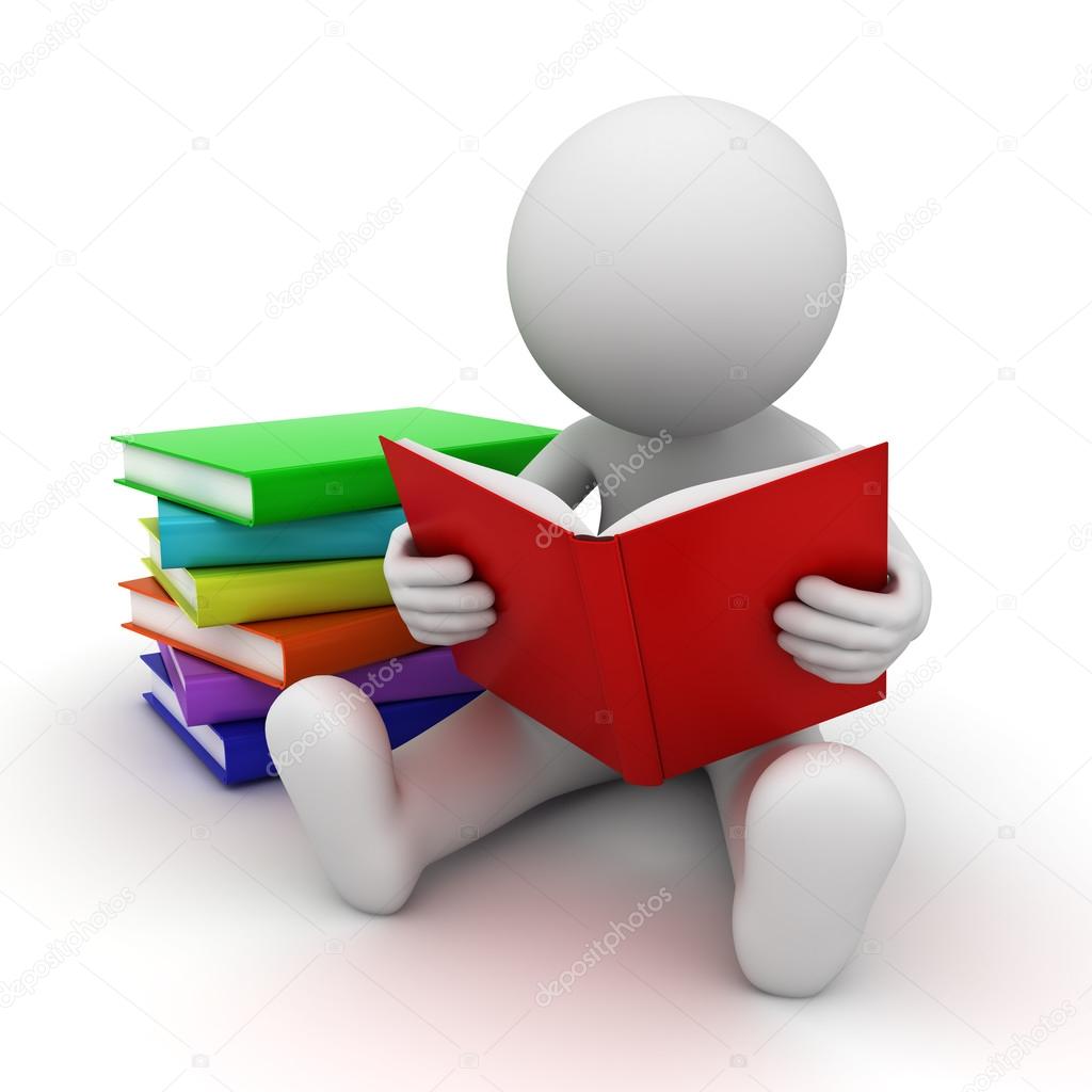 3d man sitting on the floor and reading books over white Stock Photo by ...