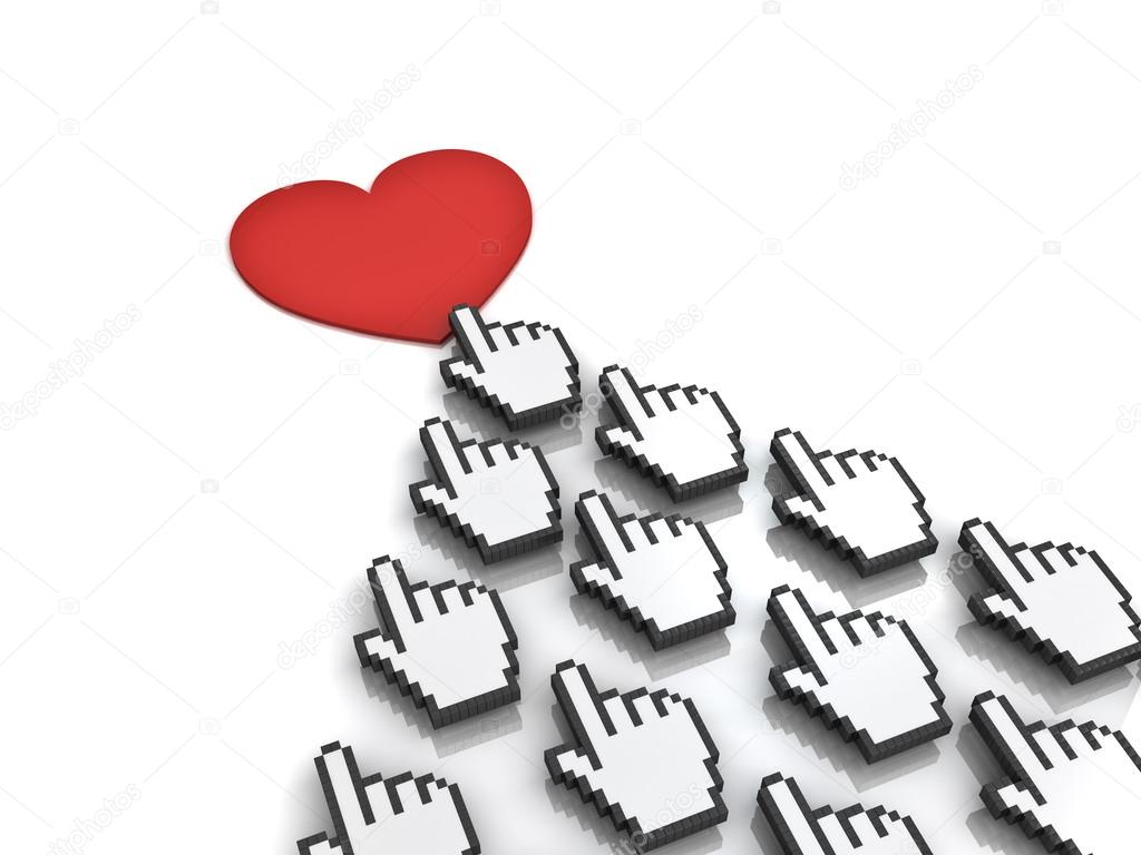 Many hand cursors mouse clicking red heart button or link concept ...