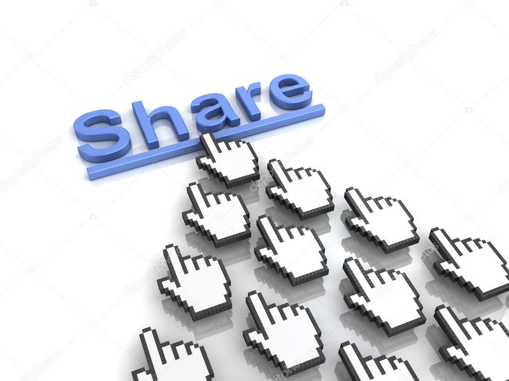 Share concept many hand cursors mouse clicking share button or link on ...