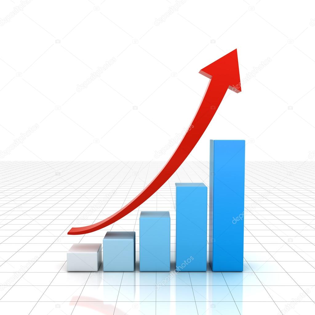 Business graph chart with red rising up arrow isolated over white ...