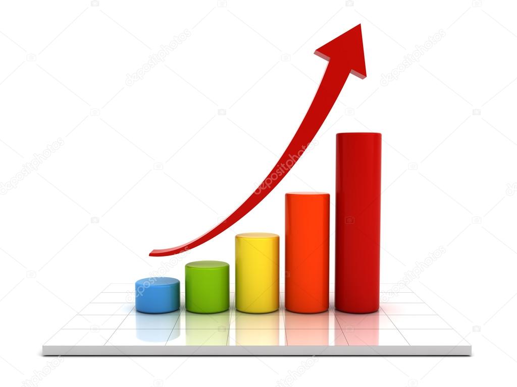Business graph with red rising arrow over white background with ...