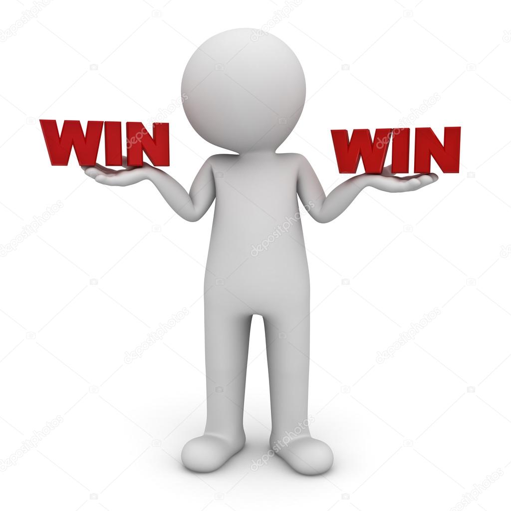 3d man standing with red win text on both hands isolated over white ...