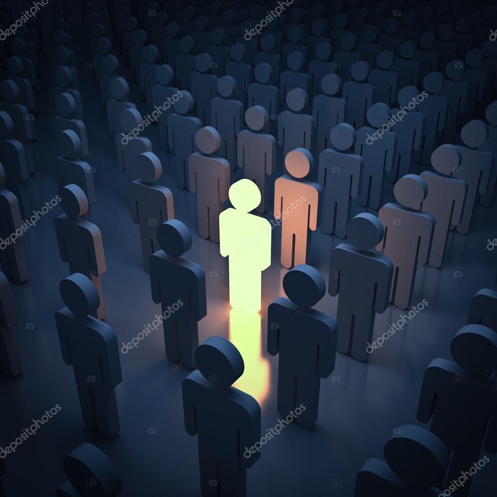 Stand out from the crowd and different concept , One light man standing ...