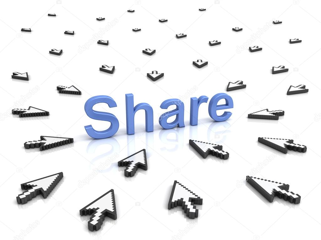 Share concept many arrow cursors mouse clicking share button or link on ...