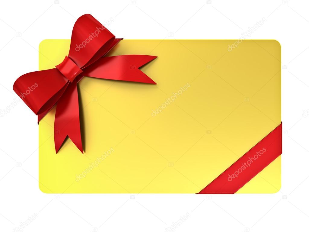 Gold blank gift card with red ribbons and bow isolated Stock Photo by ...