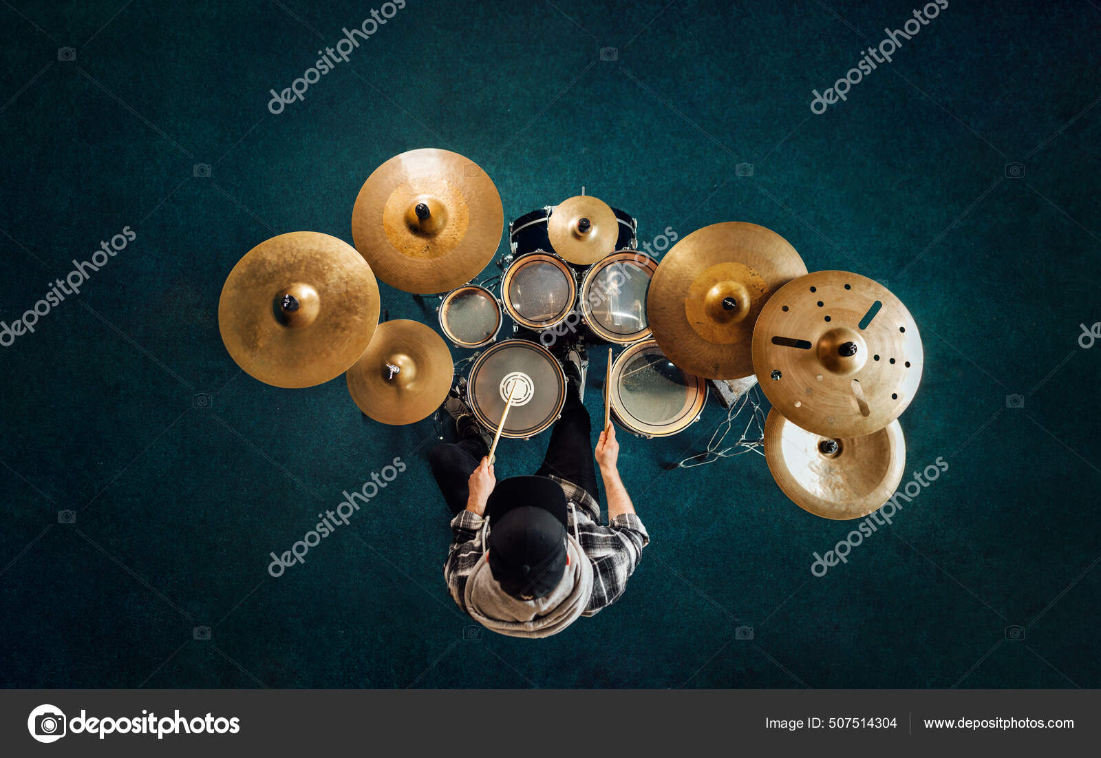 Top view a man playing on a complete full drum kit. Stock Photo by ...
