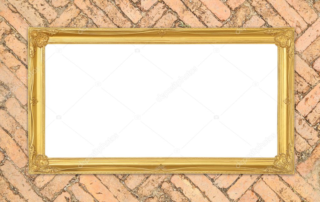 Golden frame on brick stone wall background — Stock Photo © geargodz ...