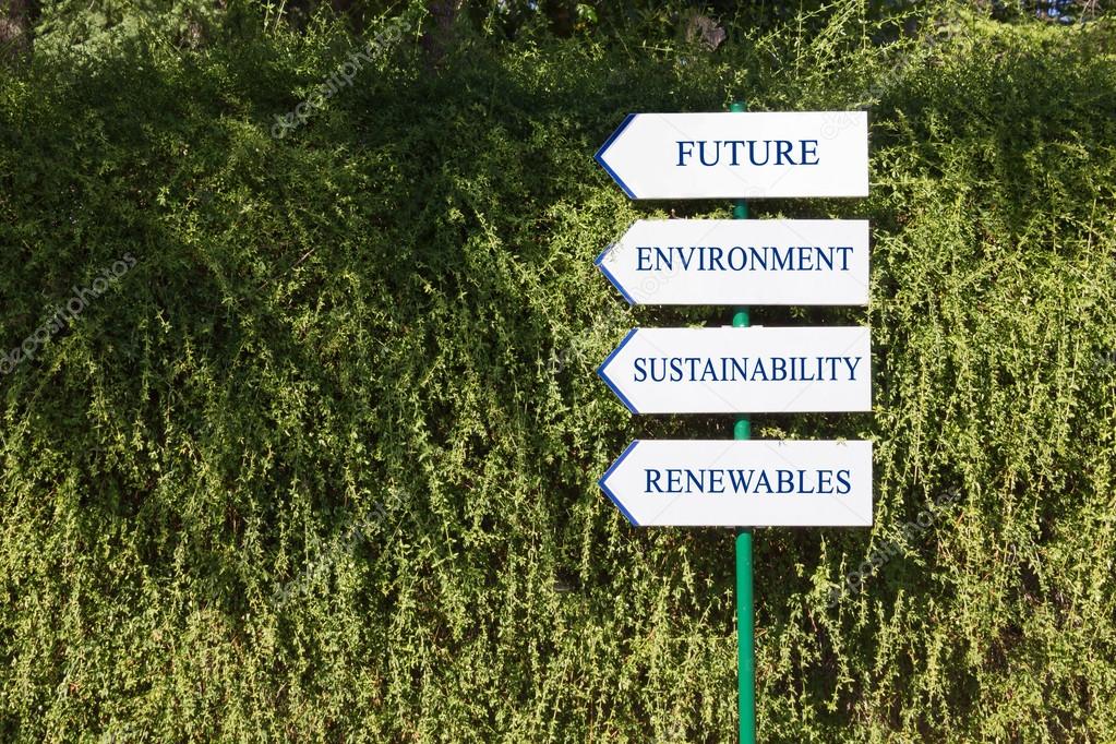 Four Direction Signs Indicating Environmental Policy Goals Stock Photo ...